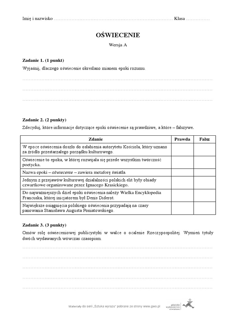 Sprawdzian Oświecenie A PDF | PDF