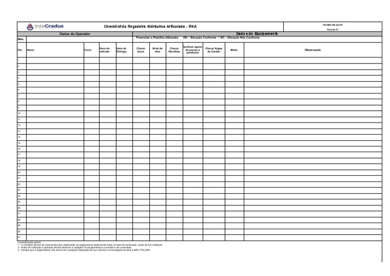 FR SMS 045 AD SP Checklist - Roçadeira - Hidraulica - Articulada | PDF