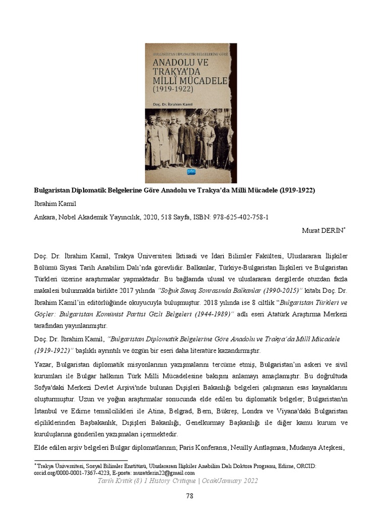 Bulgaristan Diplomatik Belgelerine G - Re Anadolu Ve Trakya - Da Milli M - Cadele (1919-1922 ...