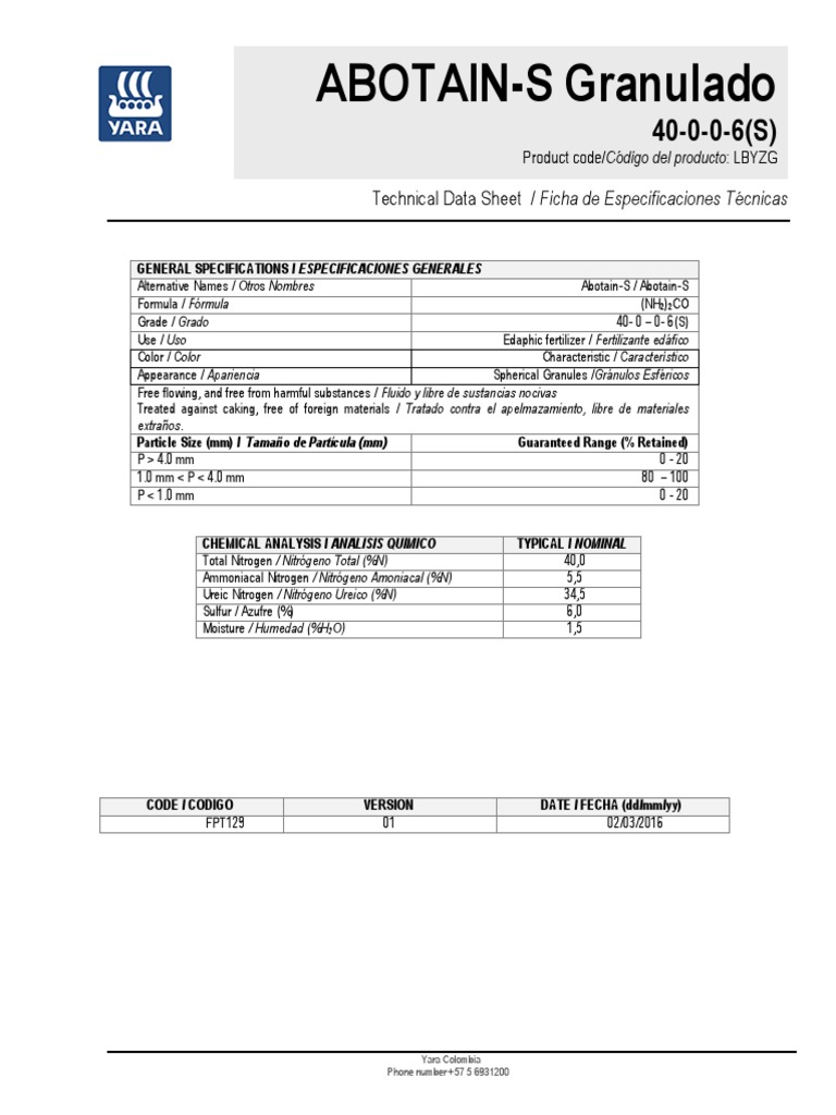 Ficha Técnica Abotain YARA | PDF | Química | Nitrógeno