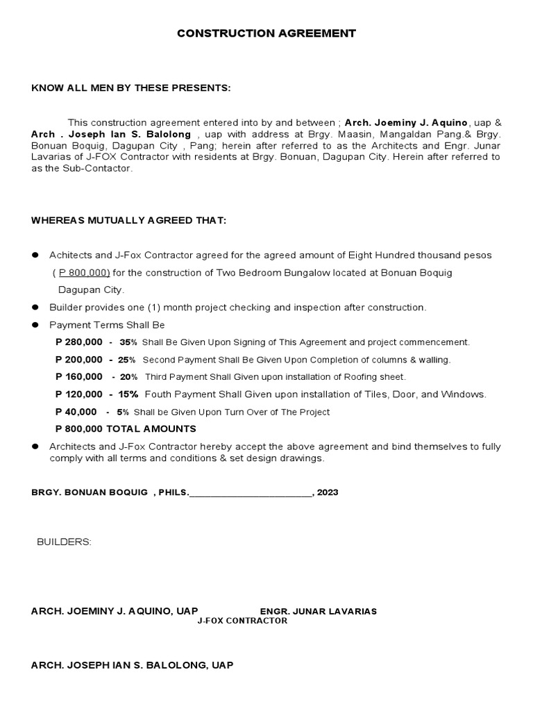 Construction Agreement for Bungalow Project | PDF