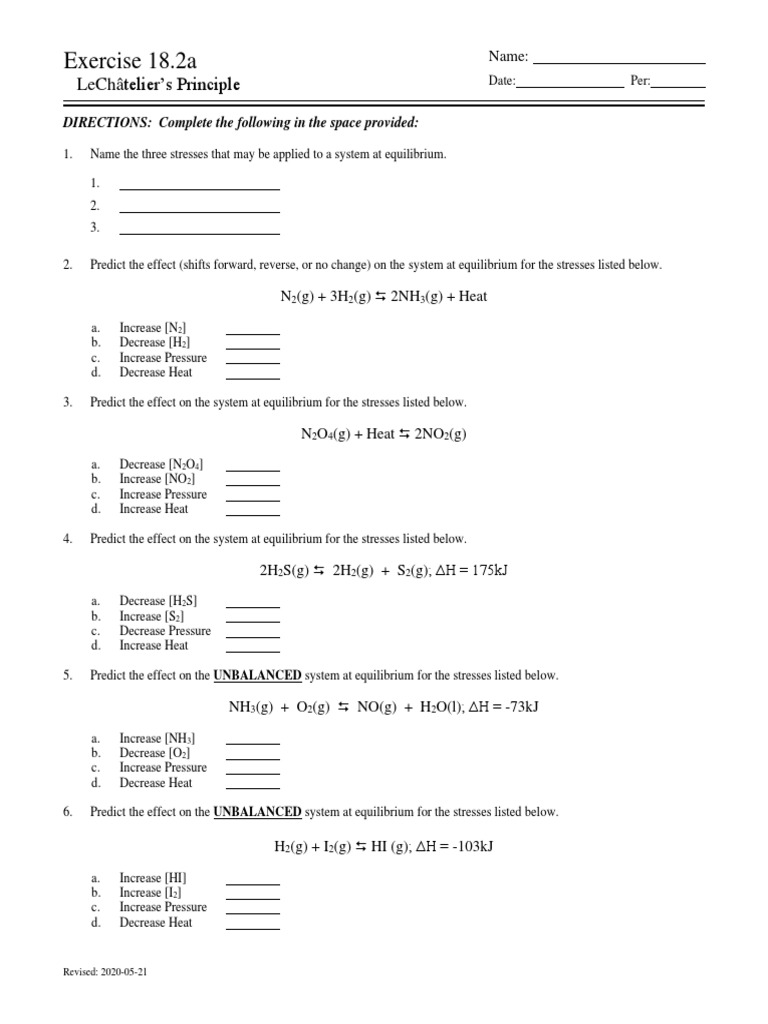 Exercise 18.2a - LeChateliers Principle | PDF | Chemical Engineering ...