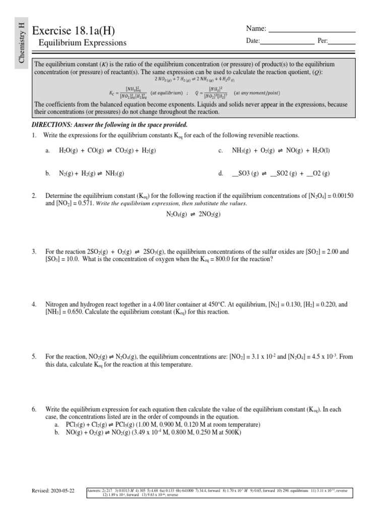 Exercise 18.1ah - Equilibrium Expressions | PDF | Chemical Equilibrium ...
