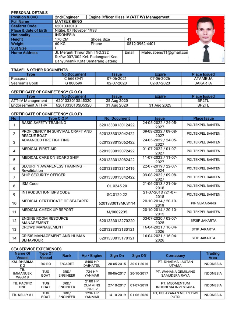 CV Mateus Beno ATT 4 Management 2nd Engineer | PDF | Ships | Shipping