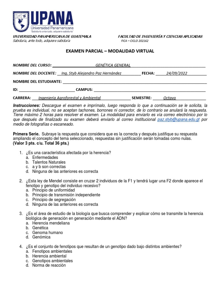 Examen Parcial Genética General UPANA 2022 | PDF | Dominancia (Genética ...