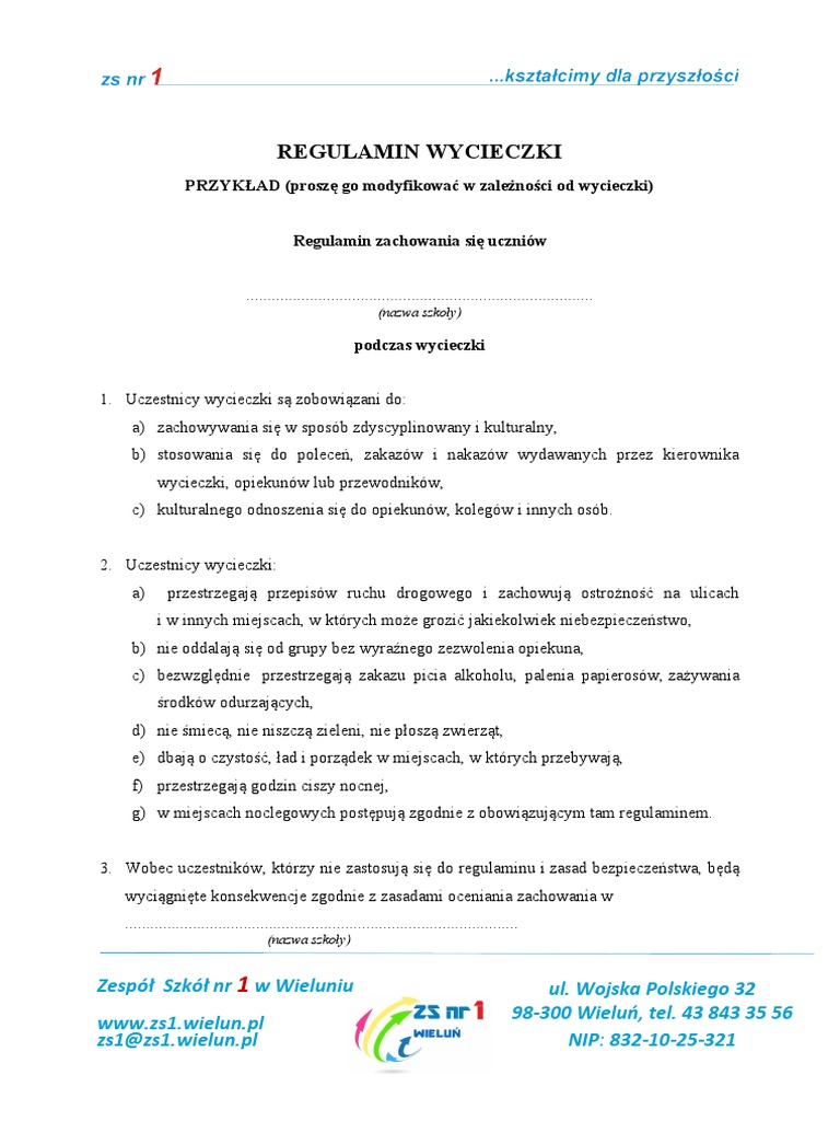 Regulamin Wycieczki Przyklad | PDF