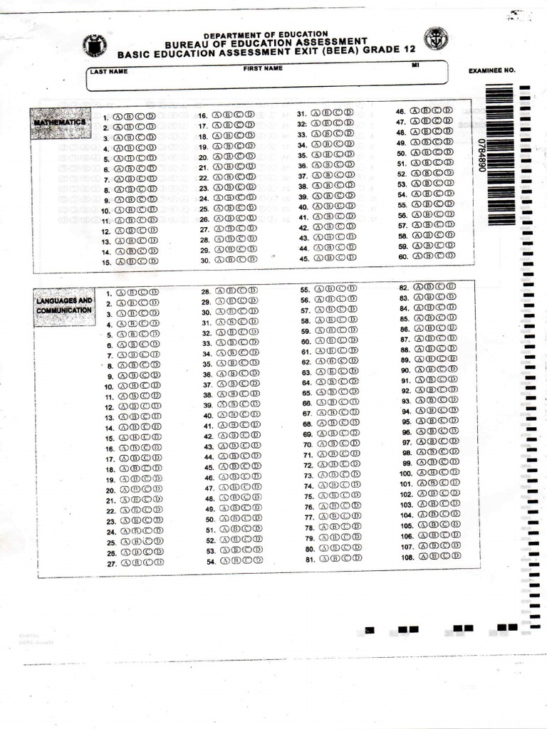 NAT Grade 12 Day 2 Answer Sheet Front | PDF