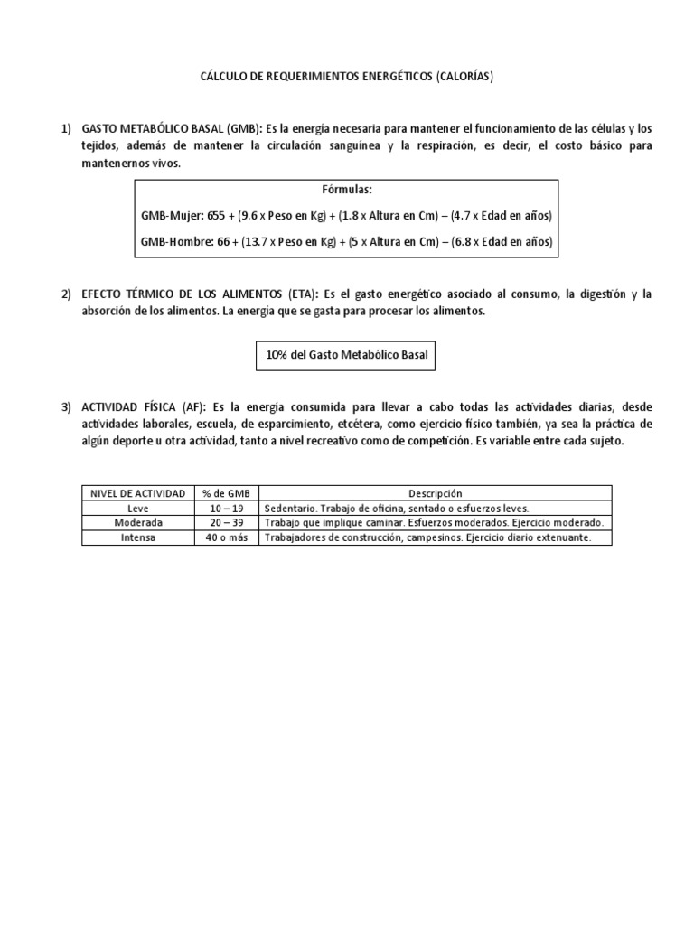 Cálculo de Requerimientos Energéticos | PDF | Medicina CLINICA