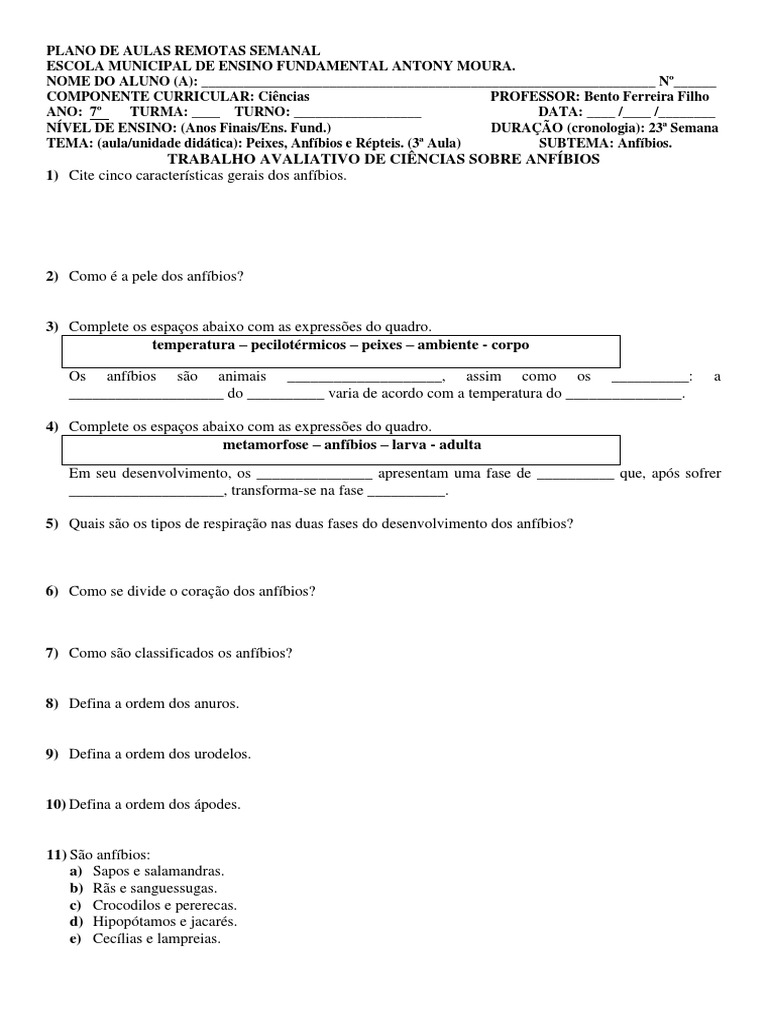 Exercícios Sobre Anfíbios Para 7º Ano Pdf Anfíbio Sapo