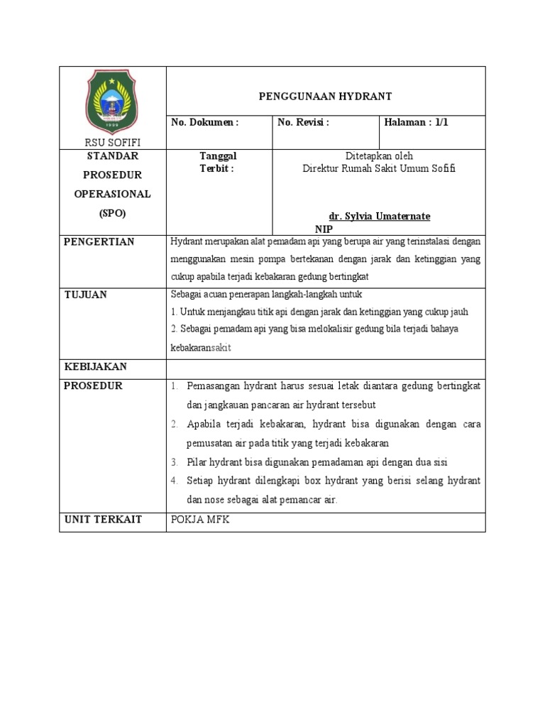 SOP Penggunaan Hydrant di RSU Sofifi | PDF | Griya & Taman | Teknologi ...