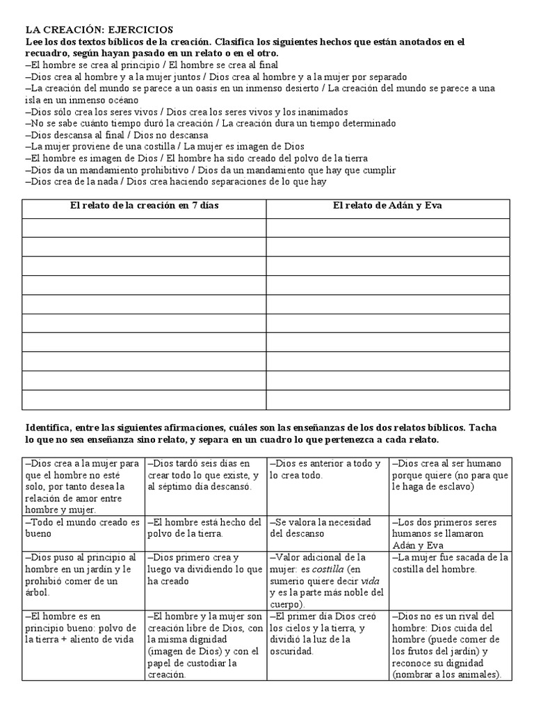 LA CREACIÓN Ejercicios | PDF | Adán y Eva | Narrativa de la creación ...