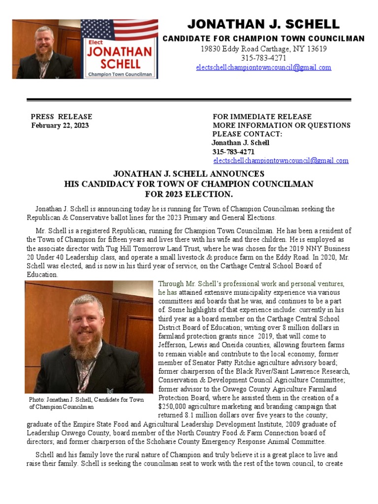 Schell Announces Candidacy For Town of Champion Councilman | PDF | Social Science