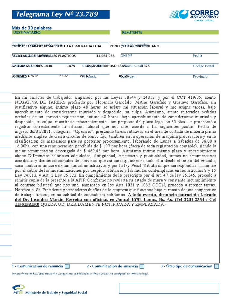 TELEGRAMA Laboral | PDF TELEGRAMA Laboral | PDF
