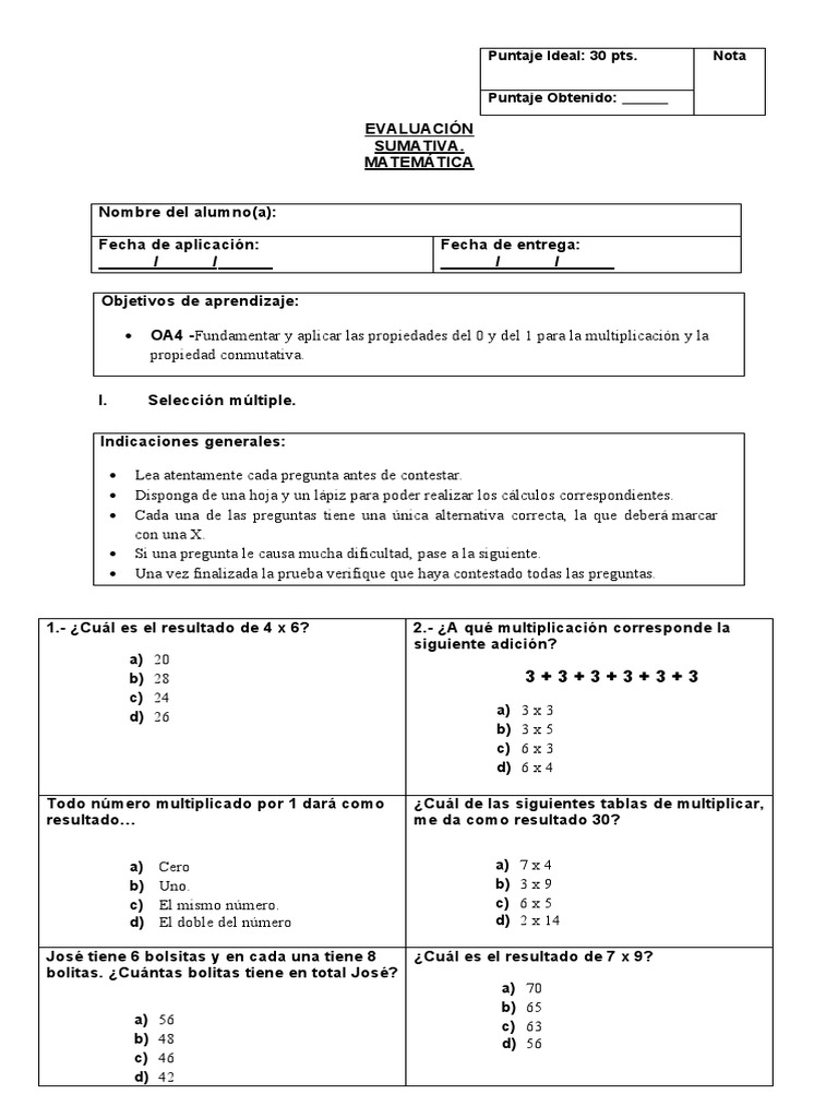 PRUEBA MATEMÁTICA 3° Final | PDF | Multiplicación | Matemáticas