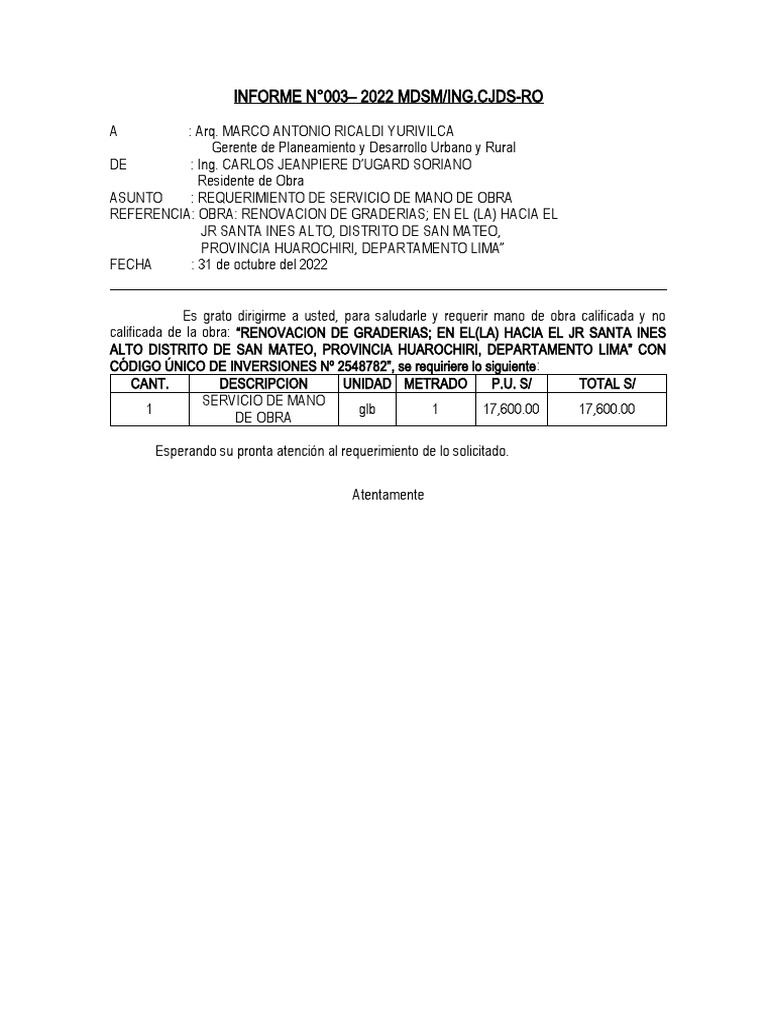 Informe N°003-2022 - Requerimiento de Mano de Obra | PDF