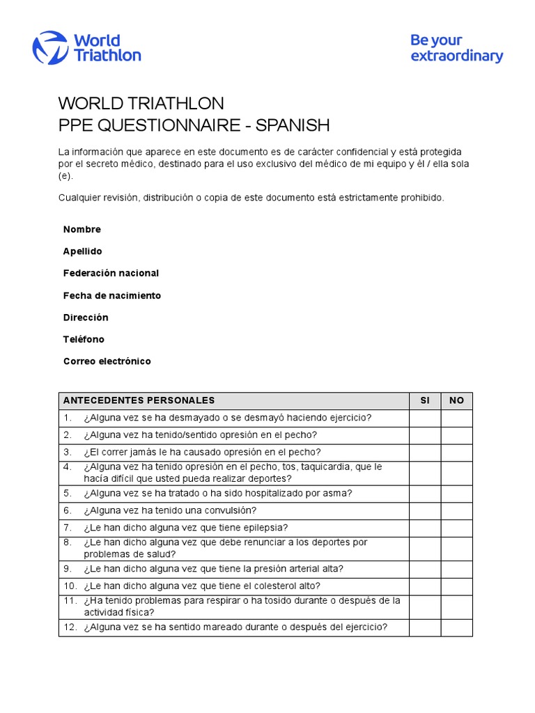 World Triathlon PPE Questionnaire SPA 201701 | PDF | Medicina CLINICA ...