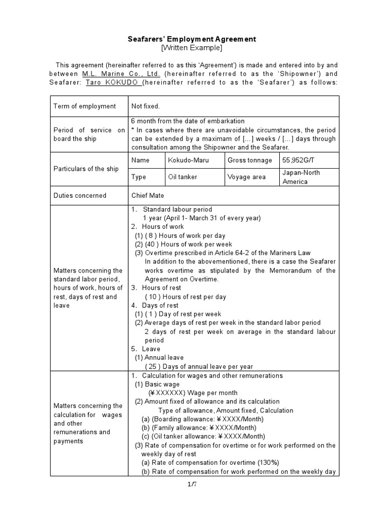 Seafarers' Employment Agreement: (Written Example) | PDF | Wage | Insurance