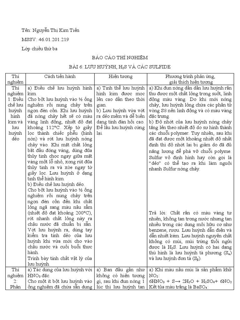 Báo Cáo Vô Cơ Bài 6,7 LƯU HU NH, H2S VÀ CÁC SULFIDE, CÁC OXIDE VÀ OXIDE ACID C A LƯU HU NH Sư PH ...