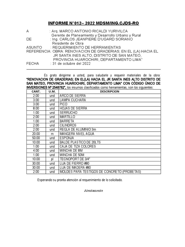 Informe N°012-2022 - Requerimiento de Herramientas | PDF