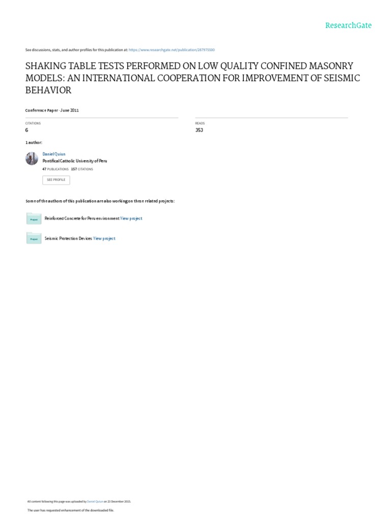 Quiun - SHAKING TABLE TESTS PERFORMED ON LOW QUALITY CONFINED MASONRY ...