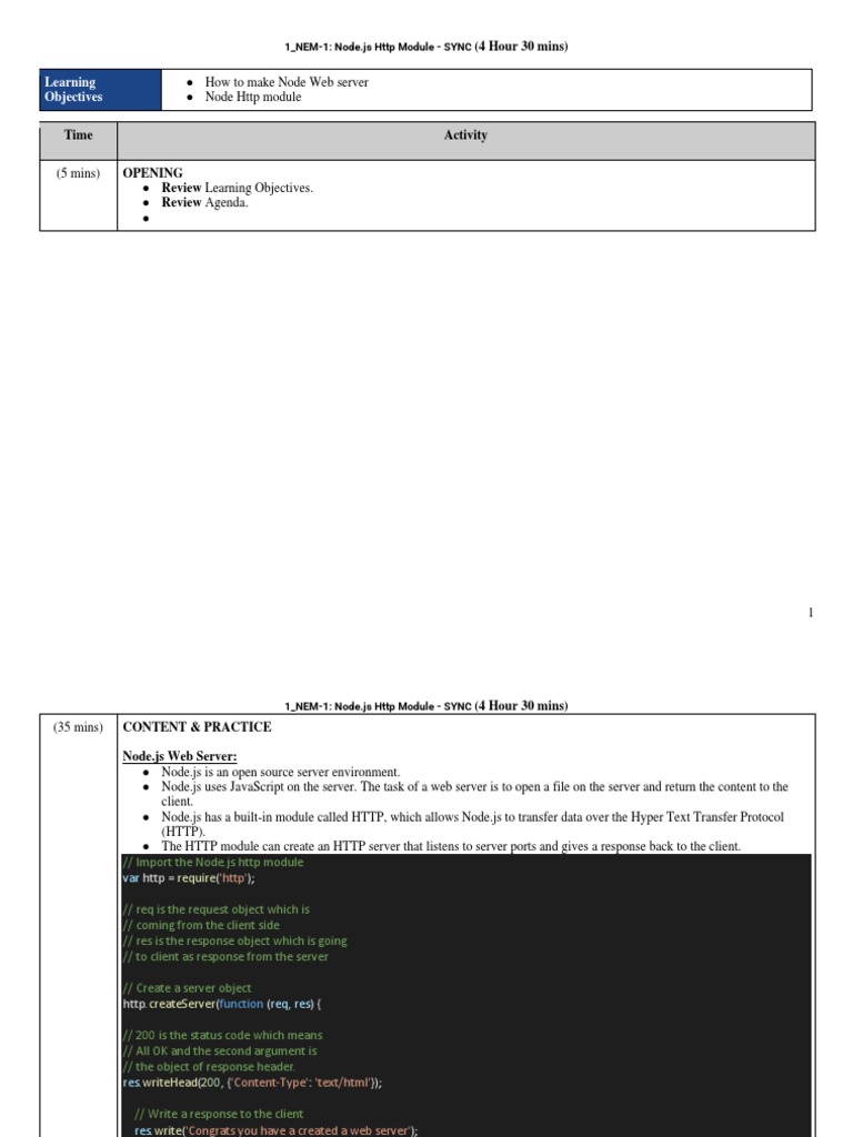 1 - NEM-1 - Node - Js HTTP Module - SYNC | PDF | Hypertext Transfer Protocol | Port (Computer ...