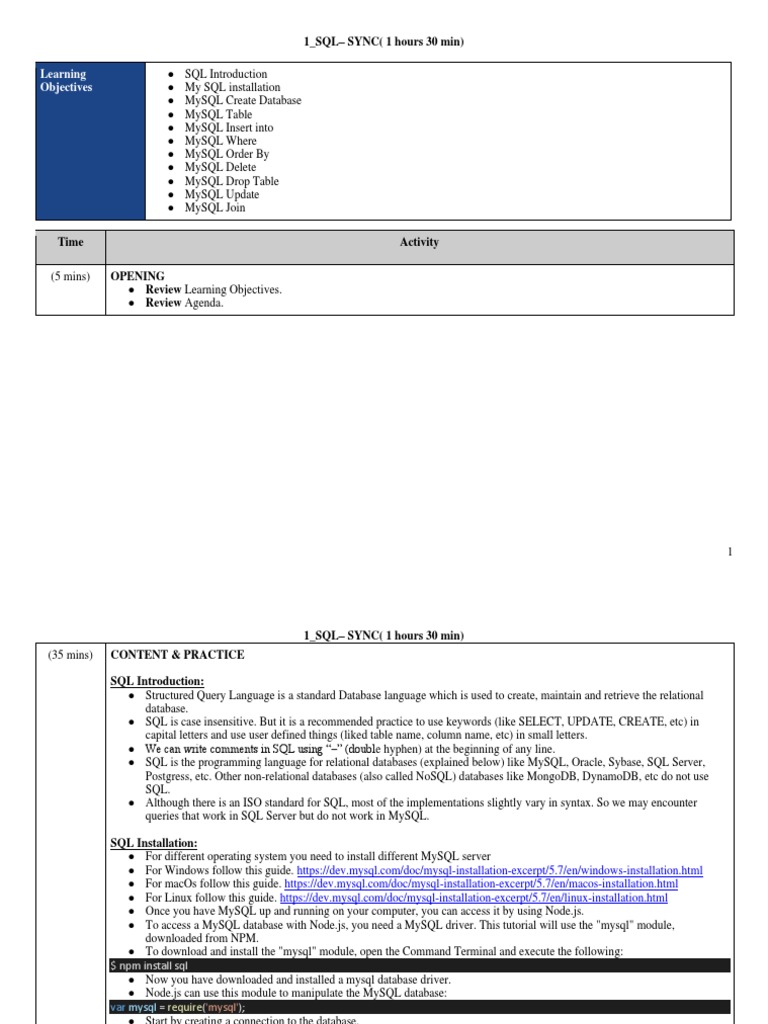 1 - SQL-RDBMS-2 Introduction To My SQL SYNC - VF | PDF | Sql | My Sql
