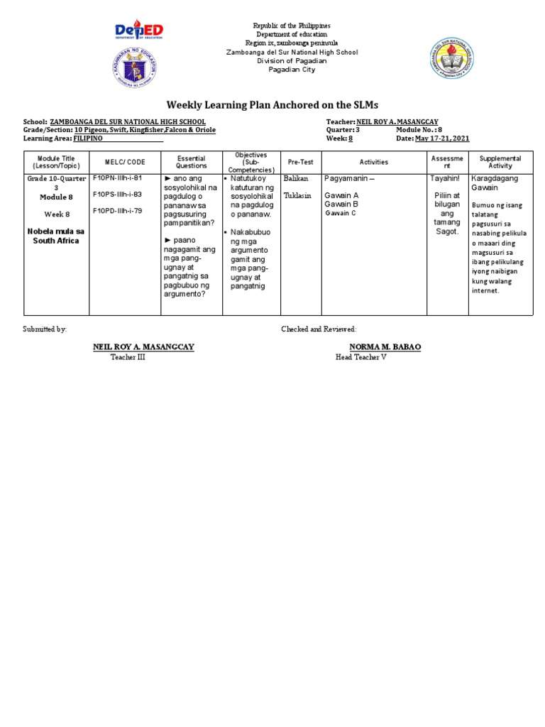Sample Weekly Learning Plan | PDF