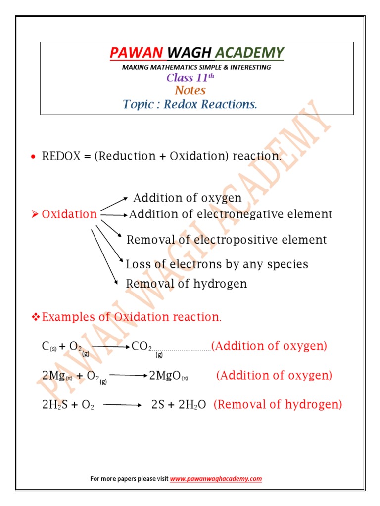 Redox Reaction Class 11th Chemistry Notes | PDF | Redox | Electrode