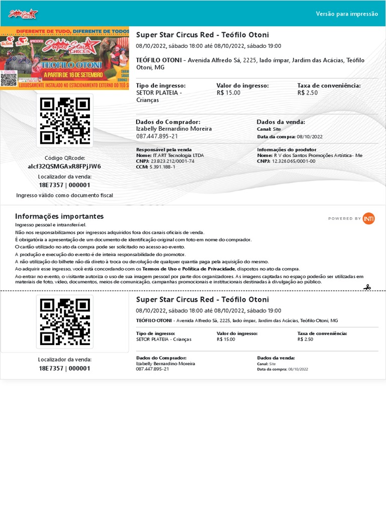 Ingresso Super Star Circus - Teófilo Otoni | PDF | Informática