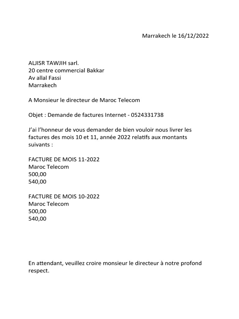 Demande de factures Internet Maroc Telecom | PDF