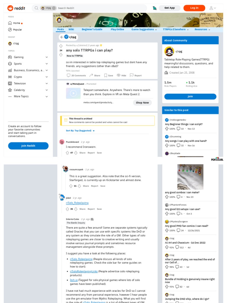 WWW Reddit Com R RPG Comments Nisxww Any Solo Ttrpgs I Can Play | PDF ...