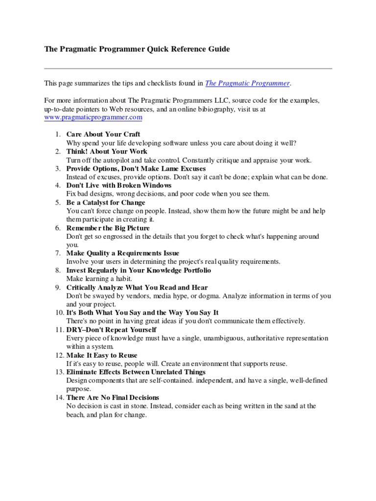 The Pragmatic Programmer Quick Reference Guide | PDF | Source Code | Software Bug