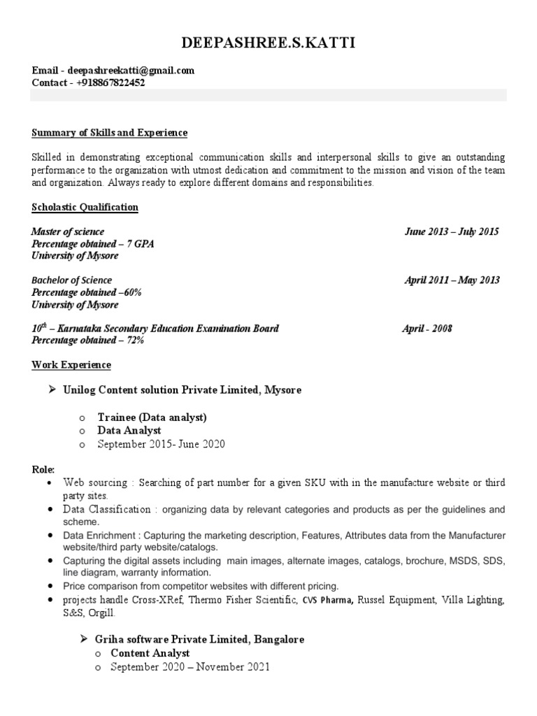 Deepashree Resume | PDF | Data | Sales