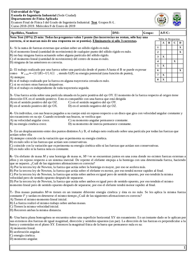 Examen Final de F Sica I. Curso 2018-2019. Solucion | PDF | Fuerza ...