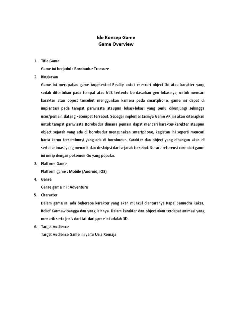 Contoh GameOverview Ide Konsep Game | PDF