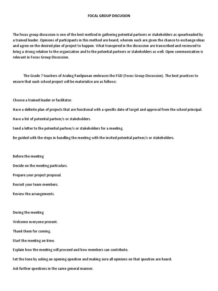 Focal Group Discusion Narrative | PDF | Focus Group | Communication