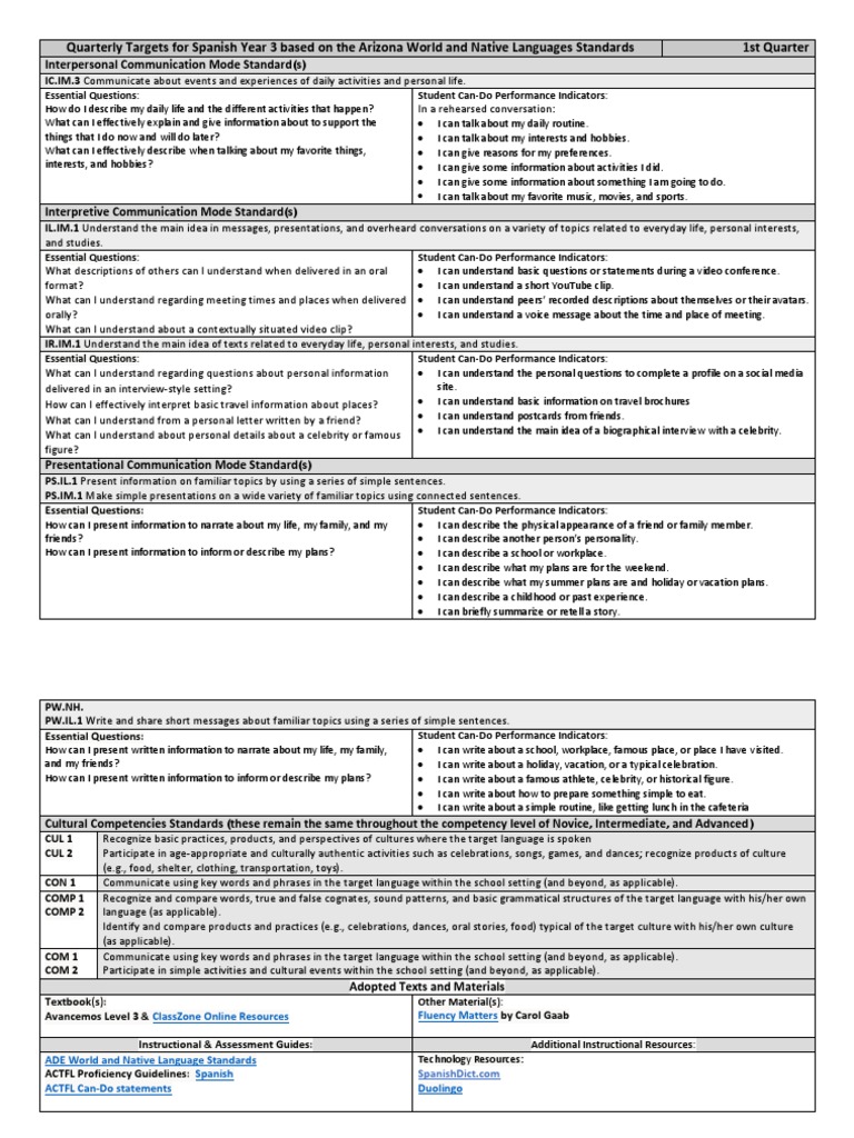 Spanish Year 3 Quarterly Targets Overview | PDF | Communication ...