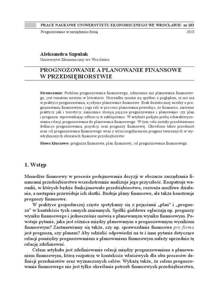 Szpulak Prognozowanie A Planowanie Finansowe W Przedsiebiorstwie | PDF
