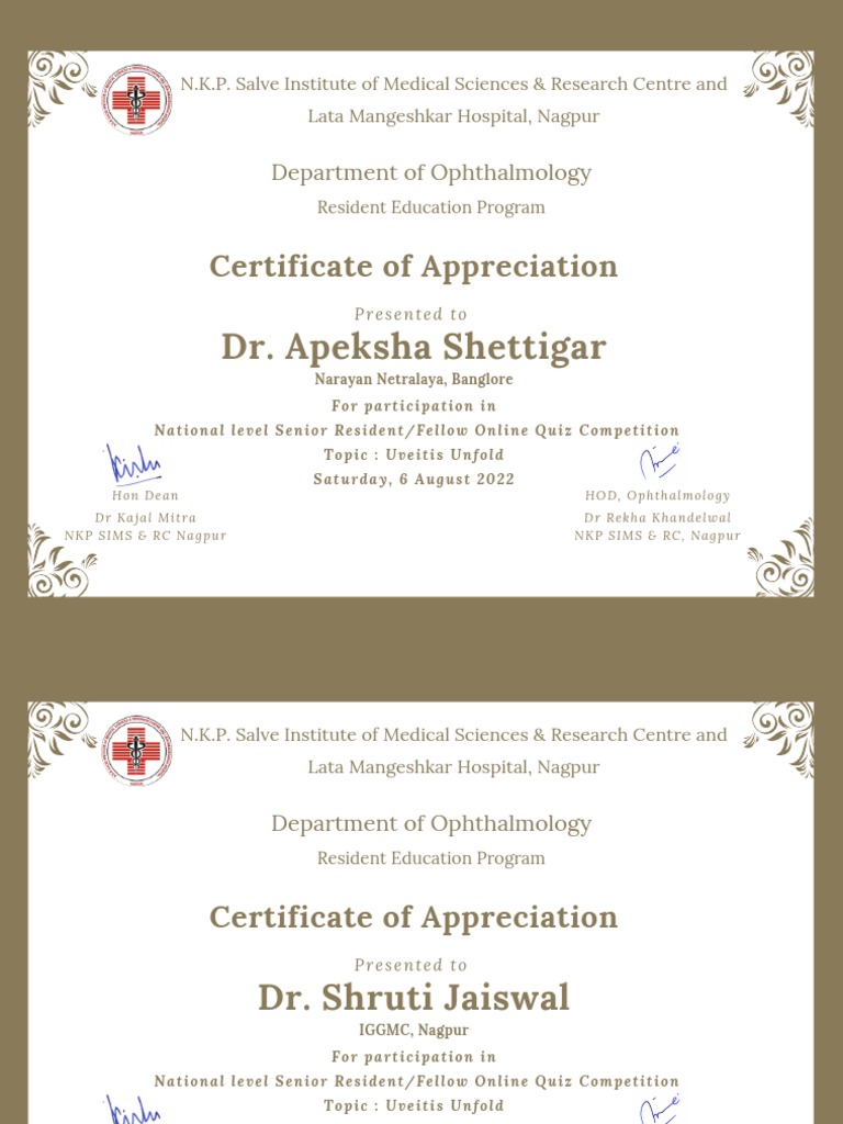Dr. Apeksha Shettigar: Certificate of Appreciation | PDF | Vision ...