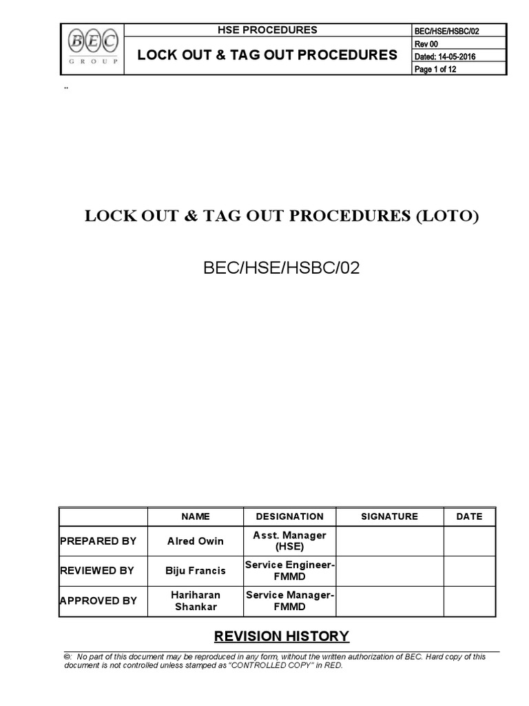 BEC-HSE-L2 - Lock Out Tag Out Procedures | PDF | Electrical Engineering ...