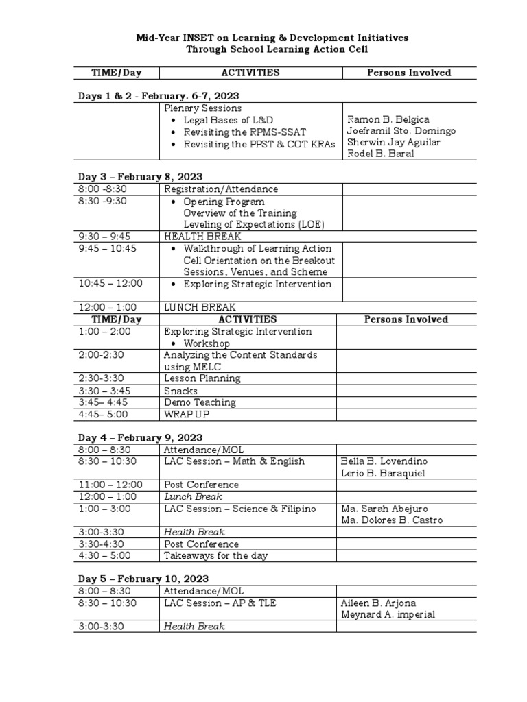 MId Year INSET 2023 Schedule and Committees | PDF