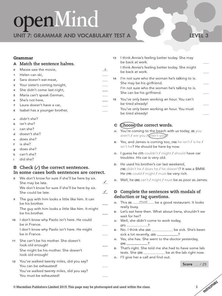 Grammar and Vocabulary Test A | PDF