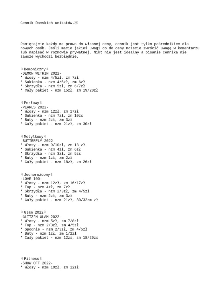 Cennik Damskich Unikatów | PDF