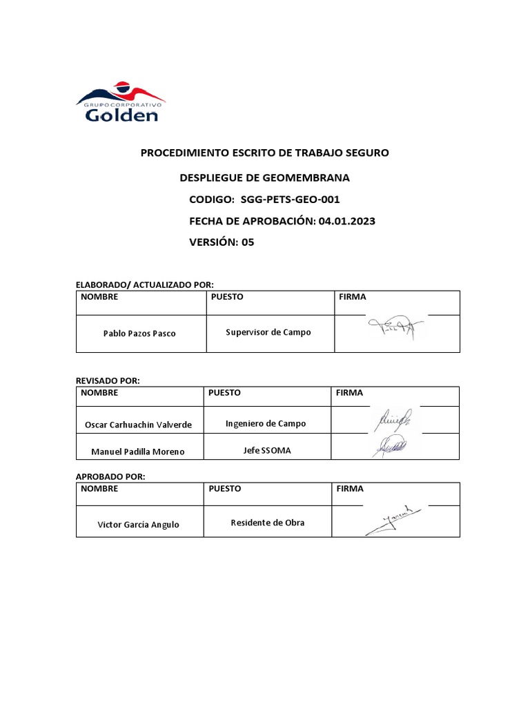 Sgg-Pets-Geo-001 Despliegue de Geomembrana - V.05 | PDF