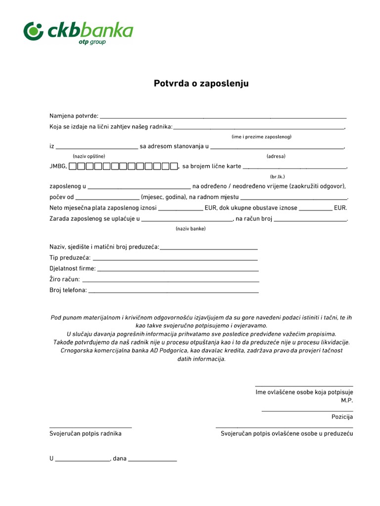 Potvrda o Zaposlenju | PDF