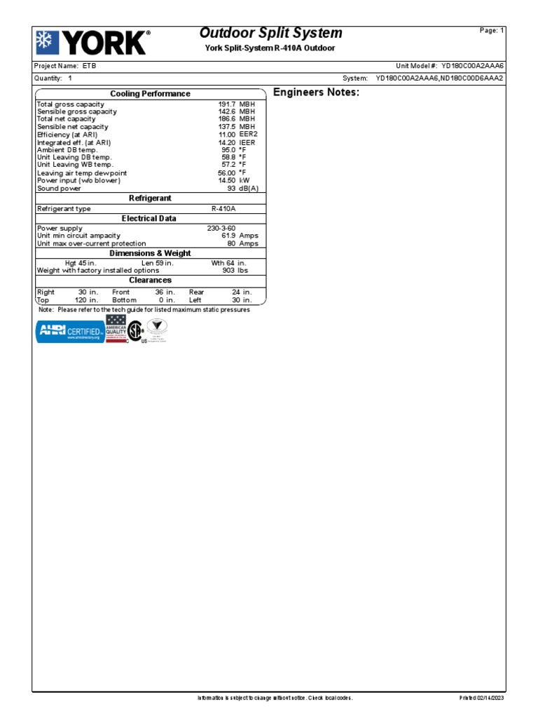 SPLIT 15 TR ND180C00D6AAA2 YD180C00A2AAA5 - Submittal Report | PDF ...