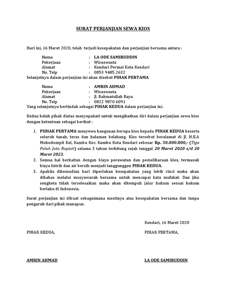 Surat Perjanjian Sewa Kios | PDF | Hukum