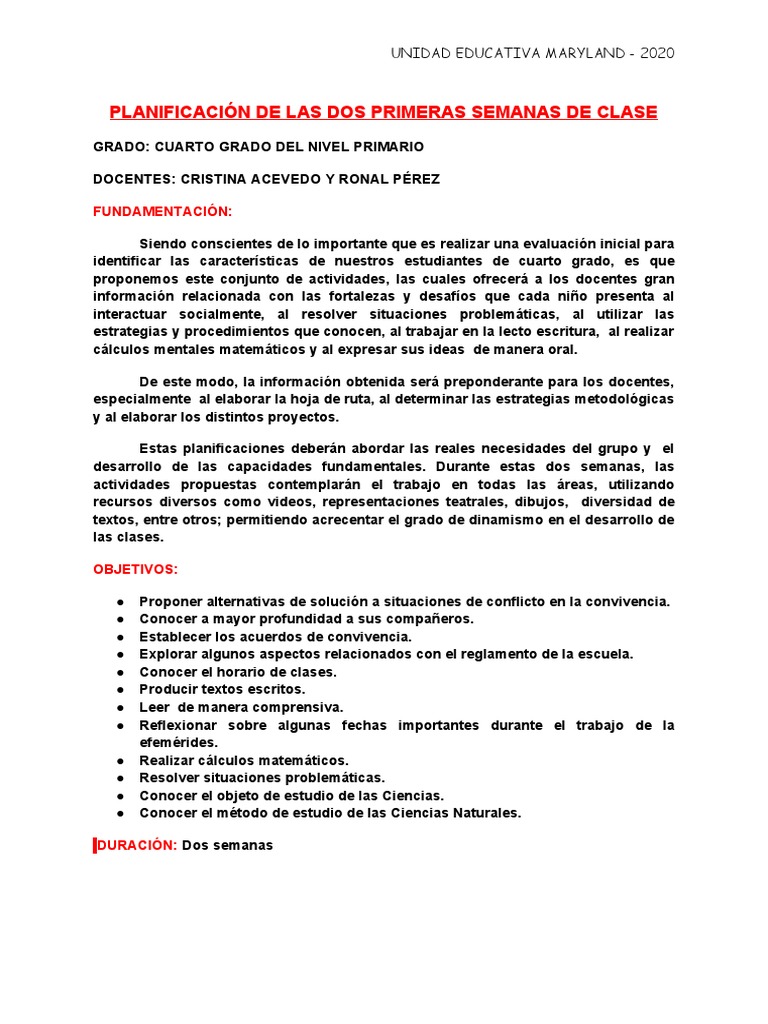 Planificacion de Las Dos Primeras Semanas de Clase | PDF