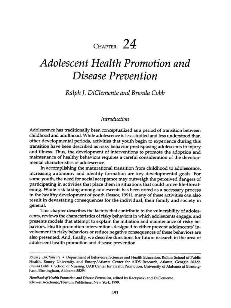 Adolescent Health Promotion and Disease Prevention: Ralph) - Diclemente ...