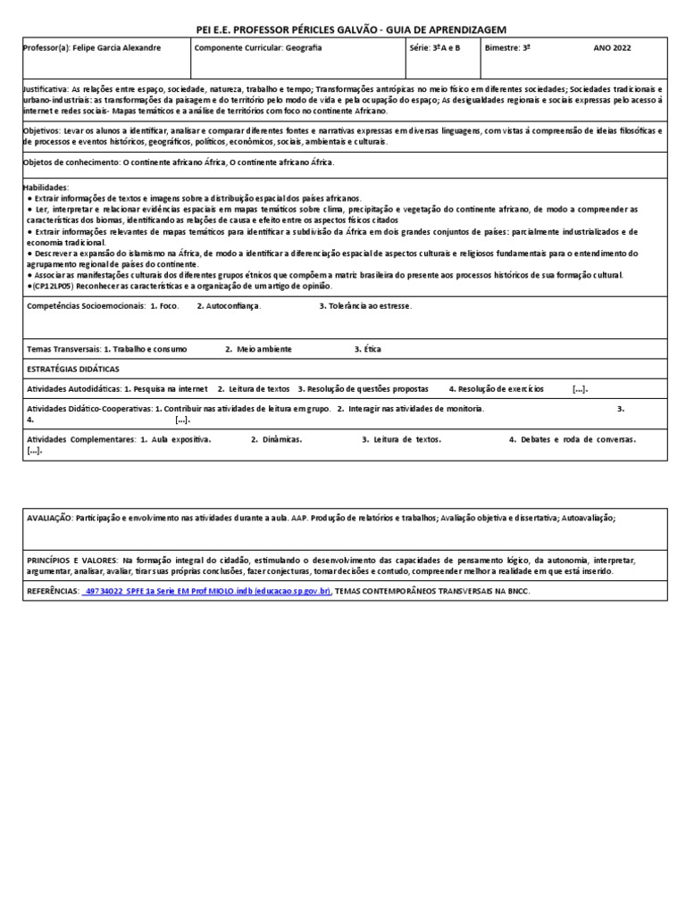 Guia de Aprendizagem 3.bim - 3A e B. | PDF | África | Geografia